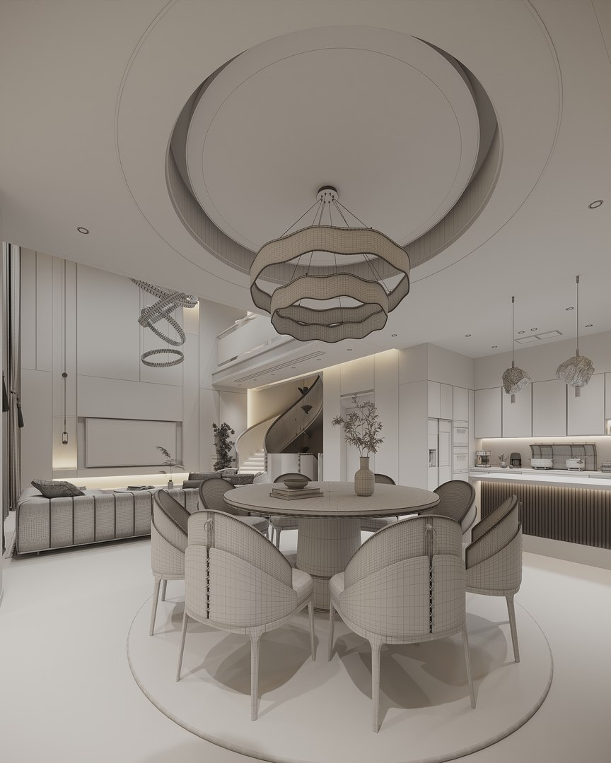 Modern villa pick empty living room dining room kitchen spiral ...