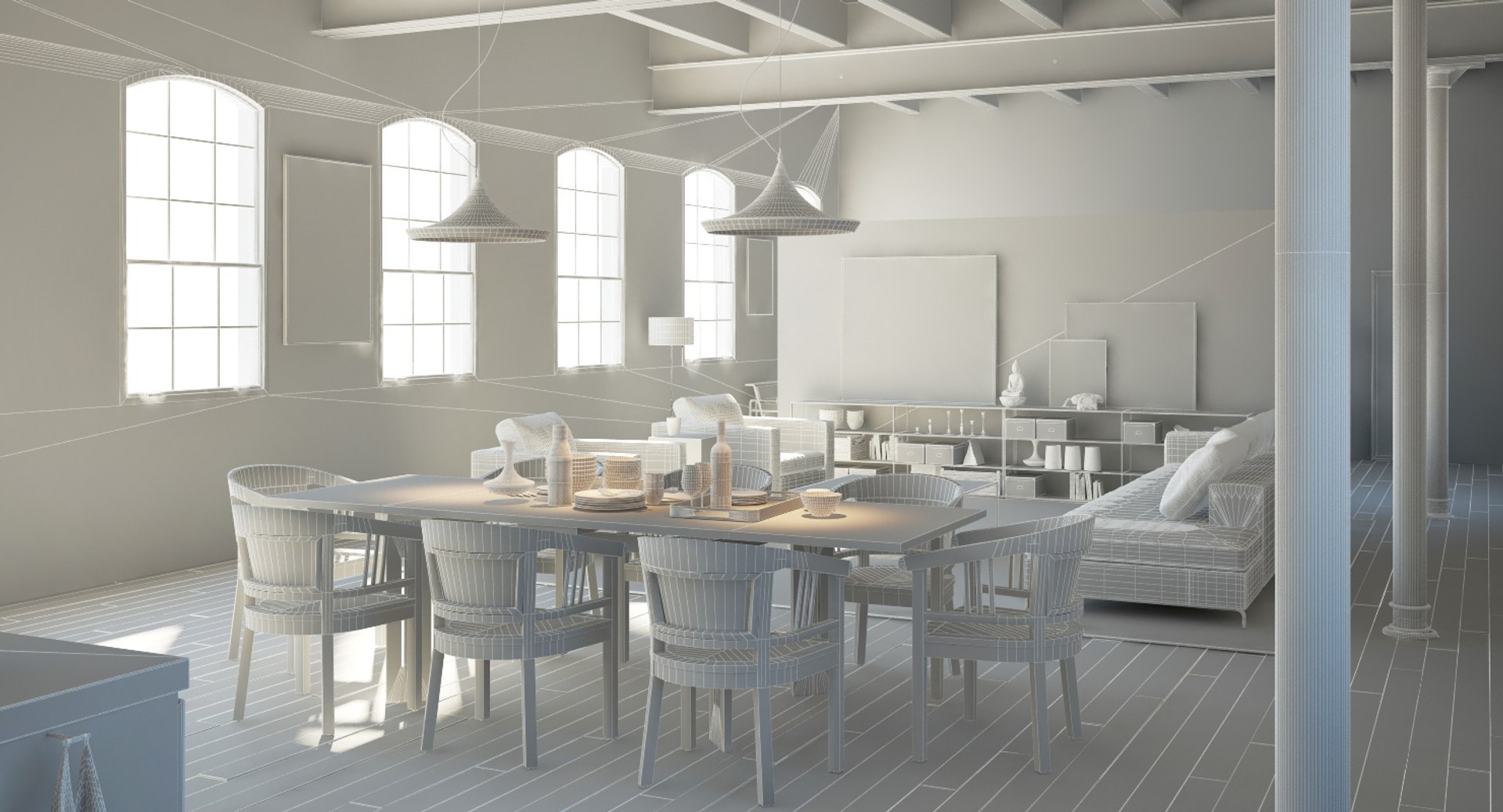 3d model loft style living room