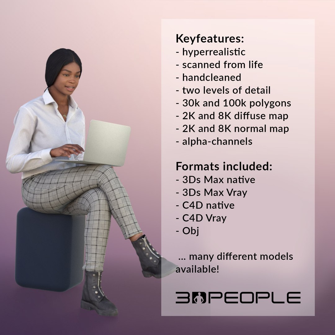 11409 Micaela - Black Woman Sitting Working With Laptop 3D Model ...