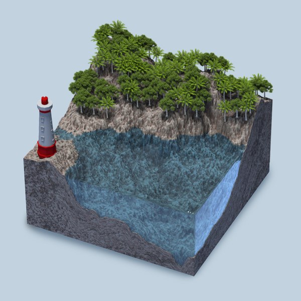 Sea Ocean Lighthouse tree scifi cube bay beach island C4D OC 3D ...