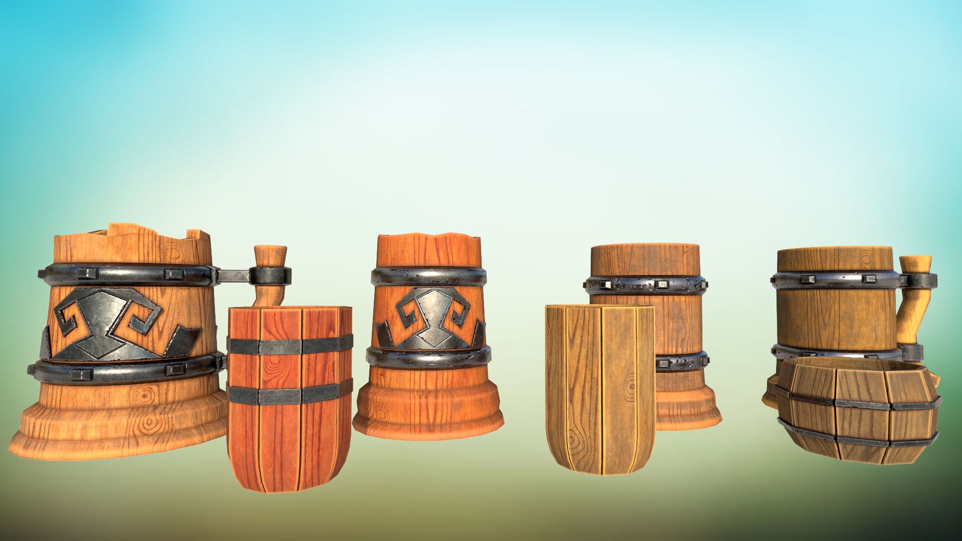 Set of wooden mugs for beer and drinks Low-poly 3D model 3D ...