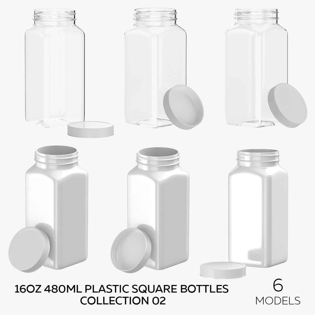 16oz 480ml Plastic Square Bottles Collection 02 - 6 models 3D model ...