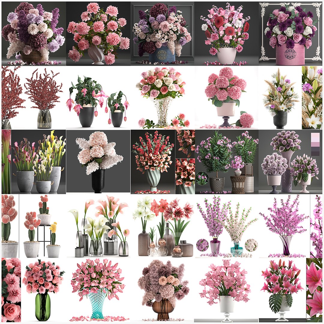 3D Collection Of Pink Flower Bouquets In Vases 40 Pieces Model ...