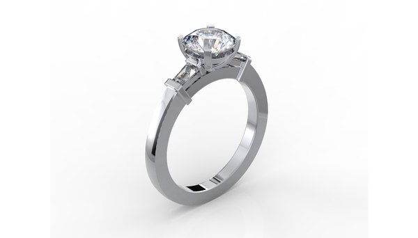 modelo 3d 1ct Solitaire Round Diamond Engagement Ring with baguettes ...