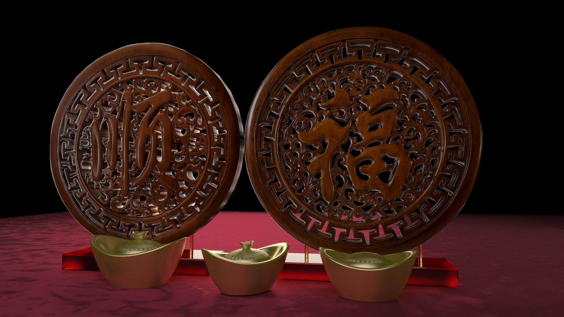 Chinese Gold Ingot With Fu Symbol And Smooth Symbol Carving Pattern 3D ...