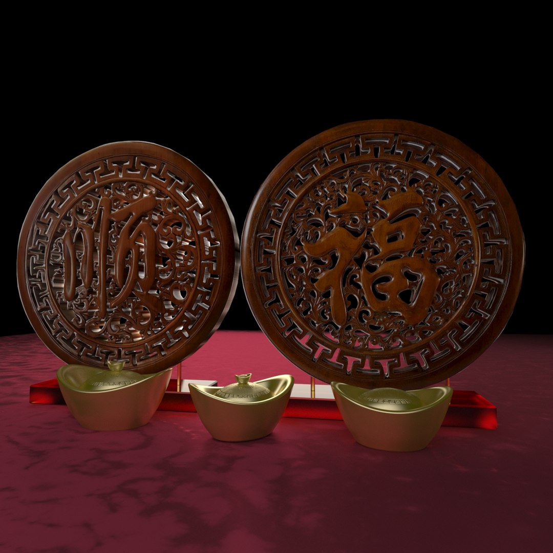 modelo 3d Lingote de oro chino con símbolo fu y patrón de tallado de ...