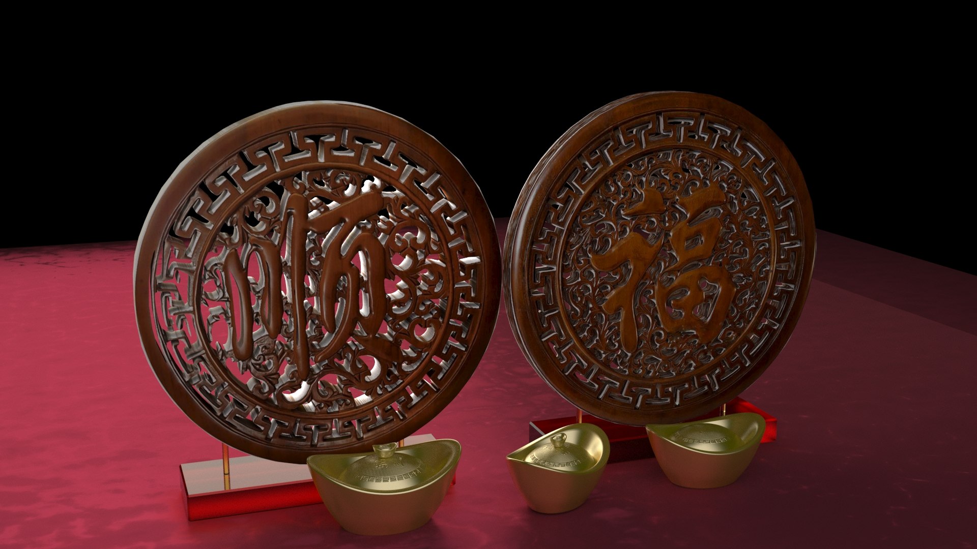 Chinese Gold Ingot With Fu Symbol And Smooth Symbol Carving Pattern 3D ...