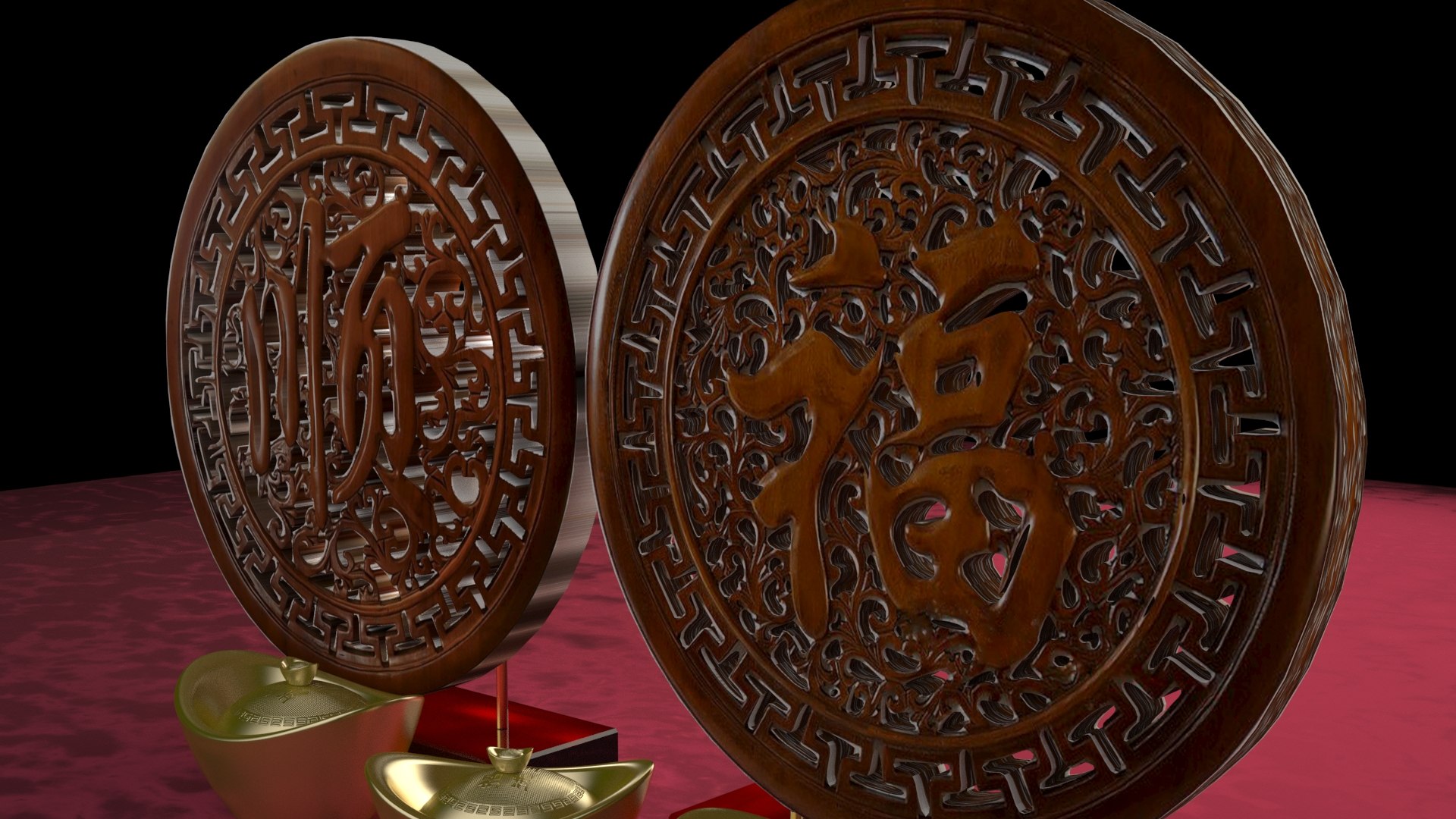 Chinese Gold Ingot With Fu Symbol And Smooth Symbol Carving Pattern 3D ...