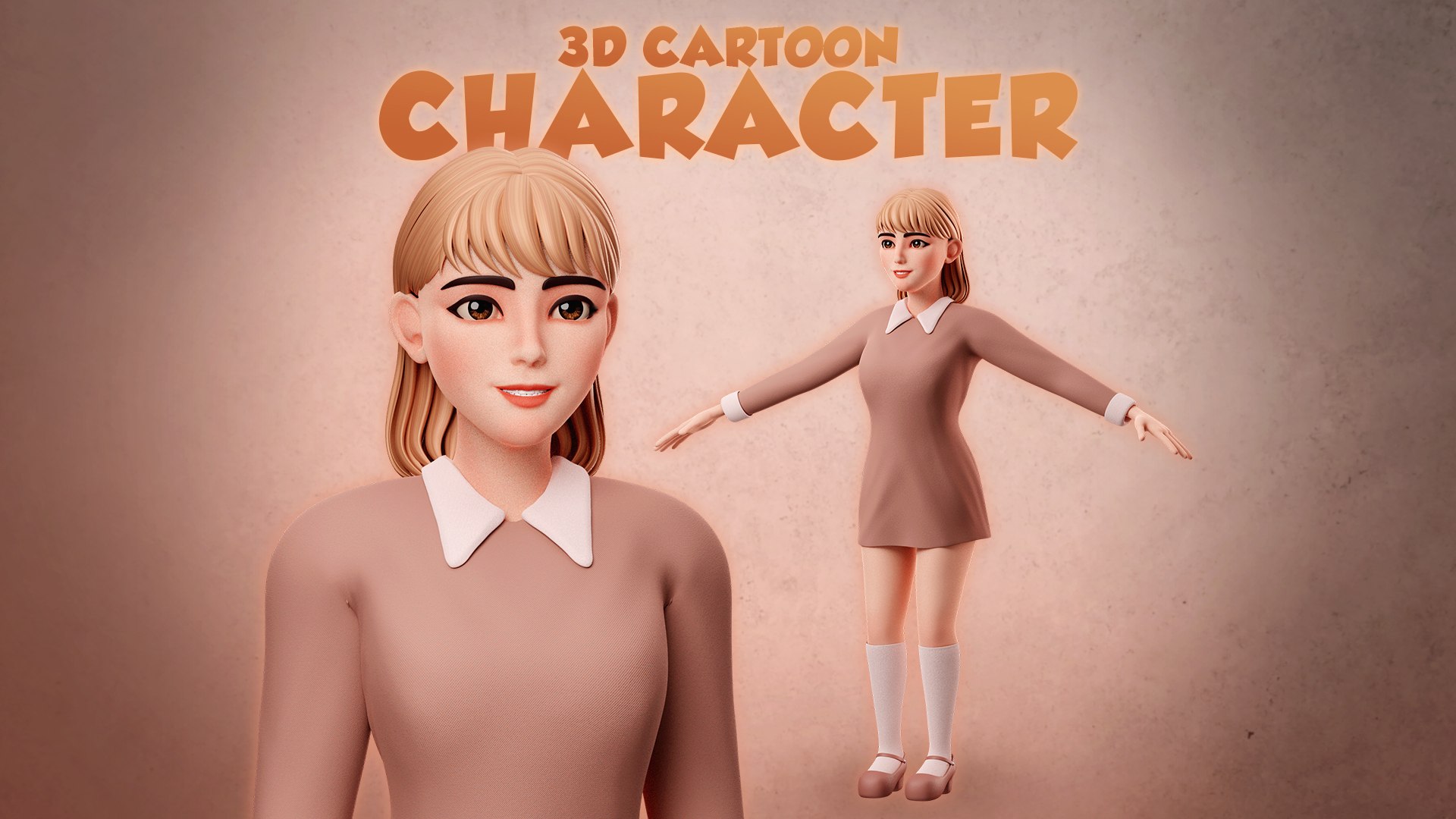 3D model Cartoon Character - Cute Female Character with brown cloths ...