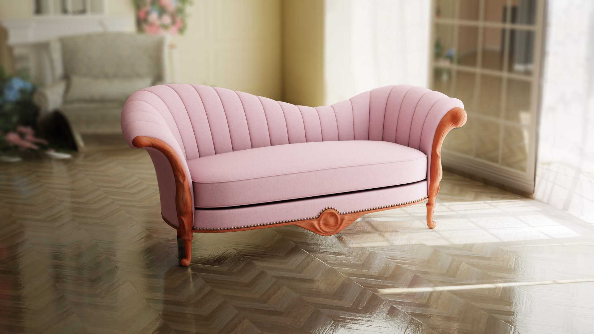 3D Model Furniture Sofa Chaise Lounge Light Pink Linen Cherry Natural ...