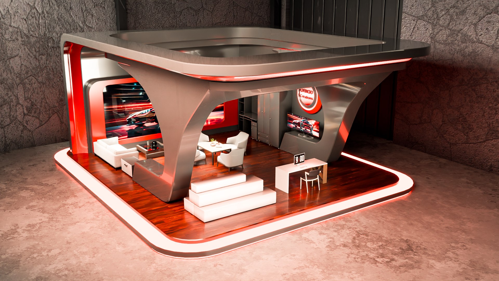 Futuristic Red Exhibition Modern Booth 3D Trade Show Design 3D ...