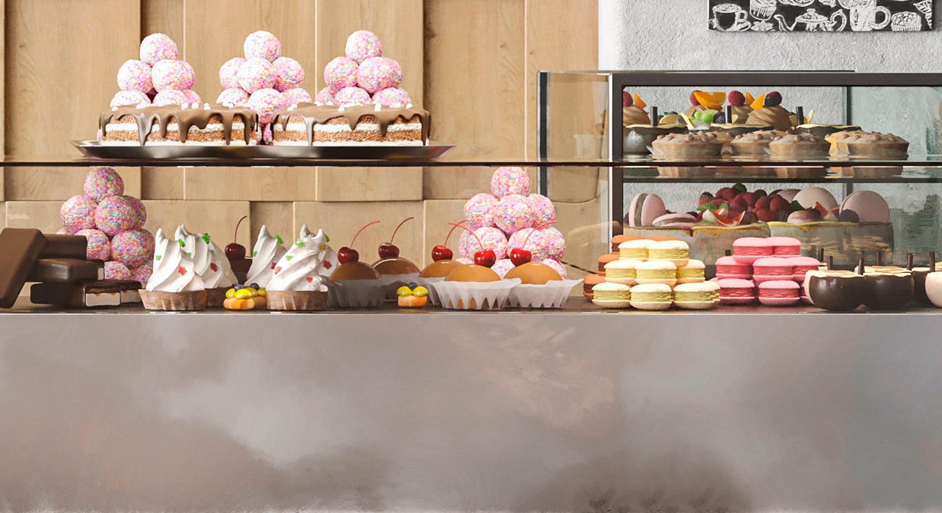 3D Modern coffee shop with display case with desserts and sweets model ...