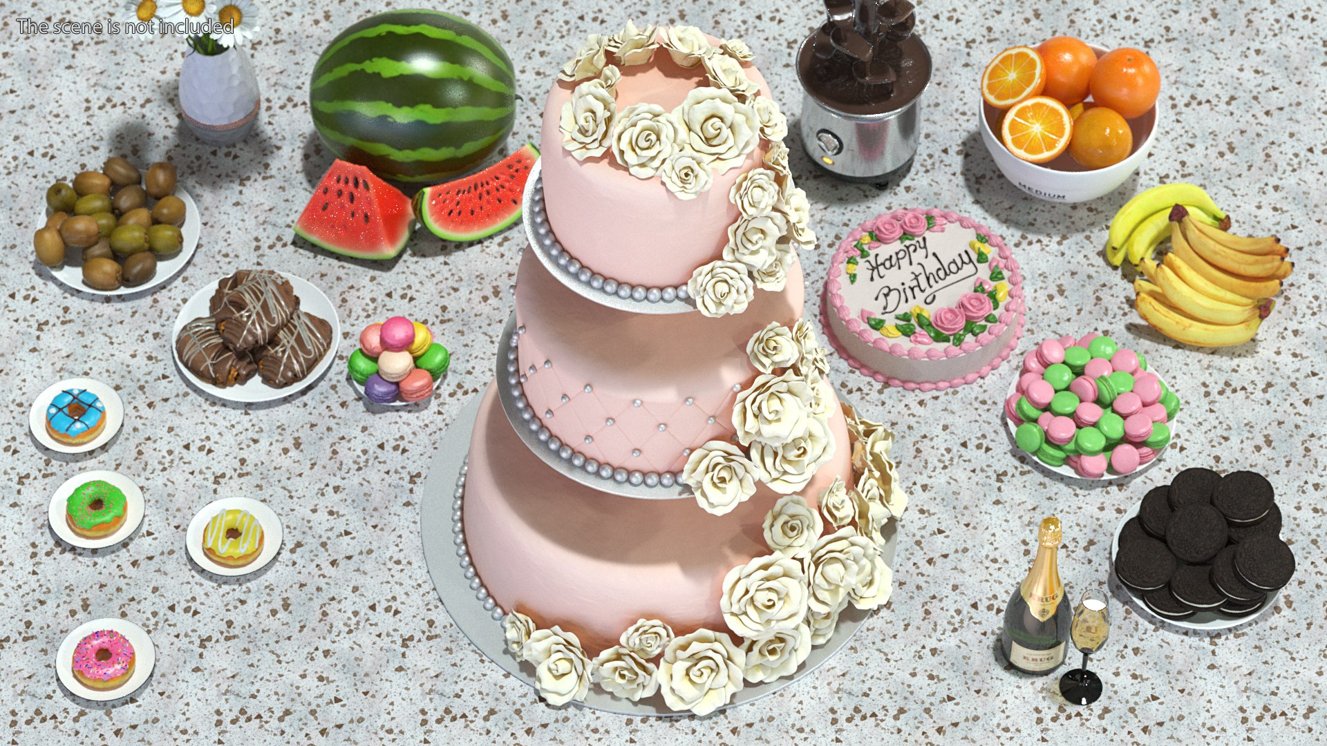 Three Tier Wedding Cake With Sugar Roses 3D Model - TurboSquid 1835869