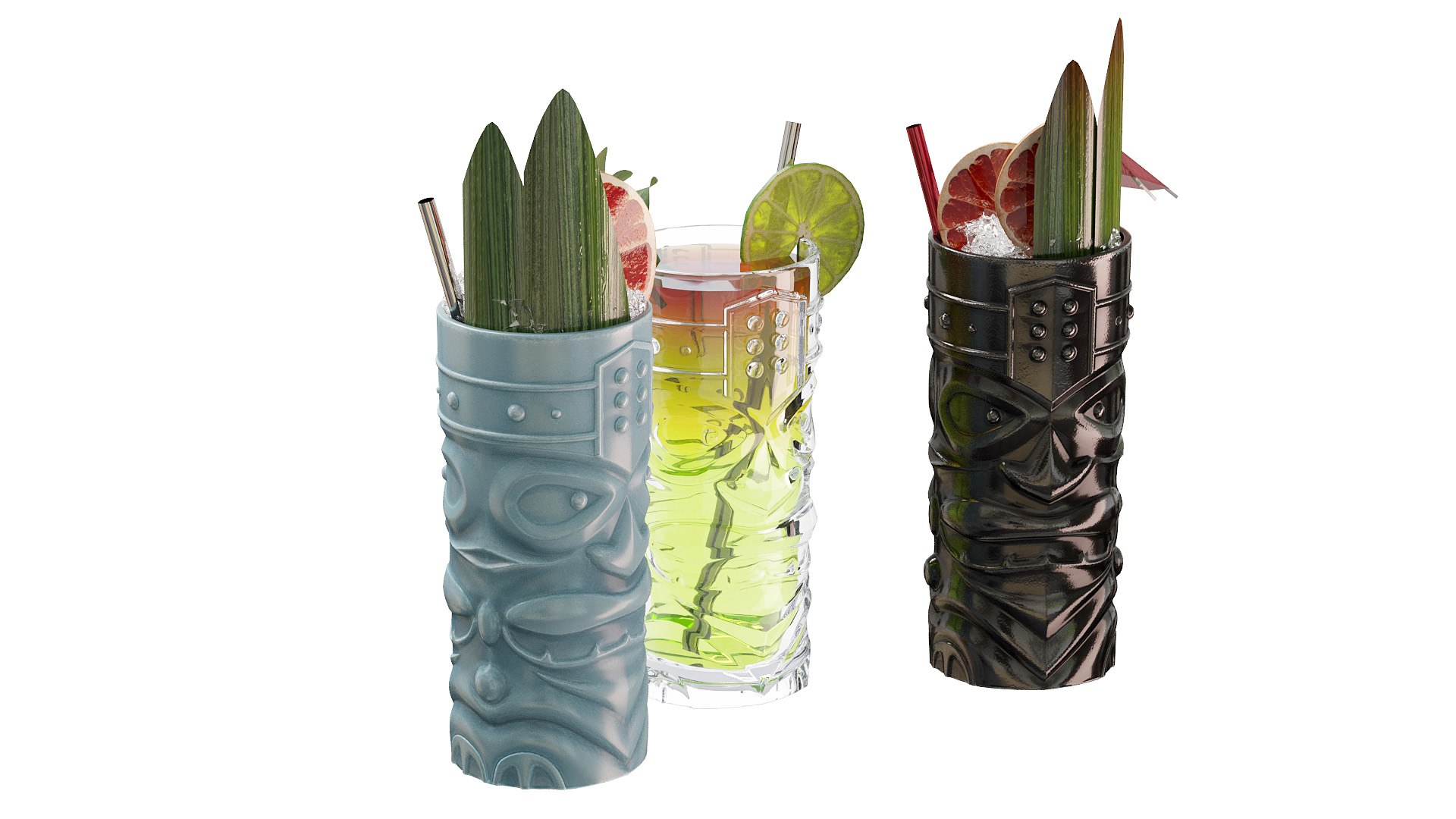 3D Model Big Set TIKI Glasses With Cocktails - TurboSquid 2124624