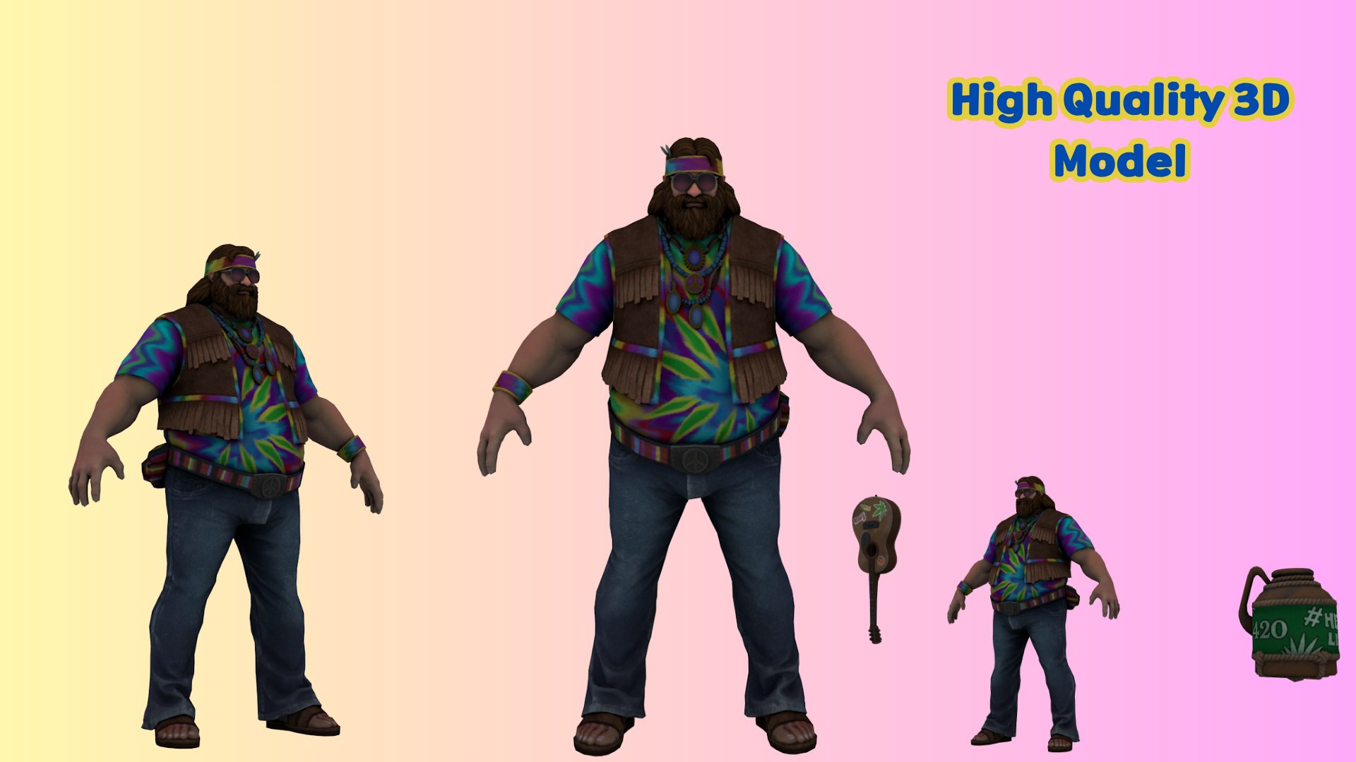 3D Hippie Character 3D Model With Guitar Jug Game Ready - TurboSquid ...