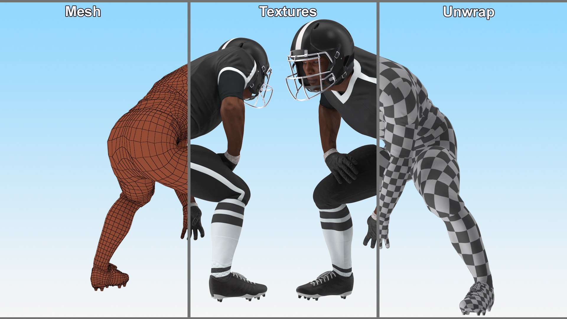 3D Black Man American Football Player Crouching Black Uniform ...