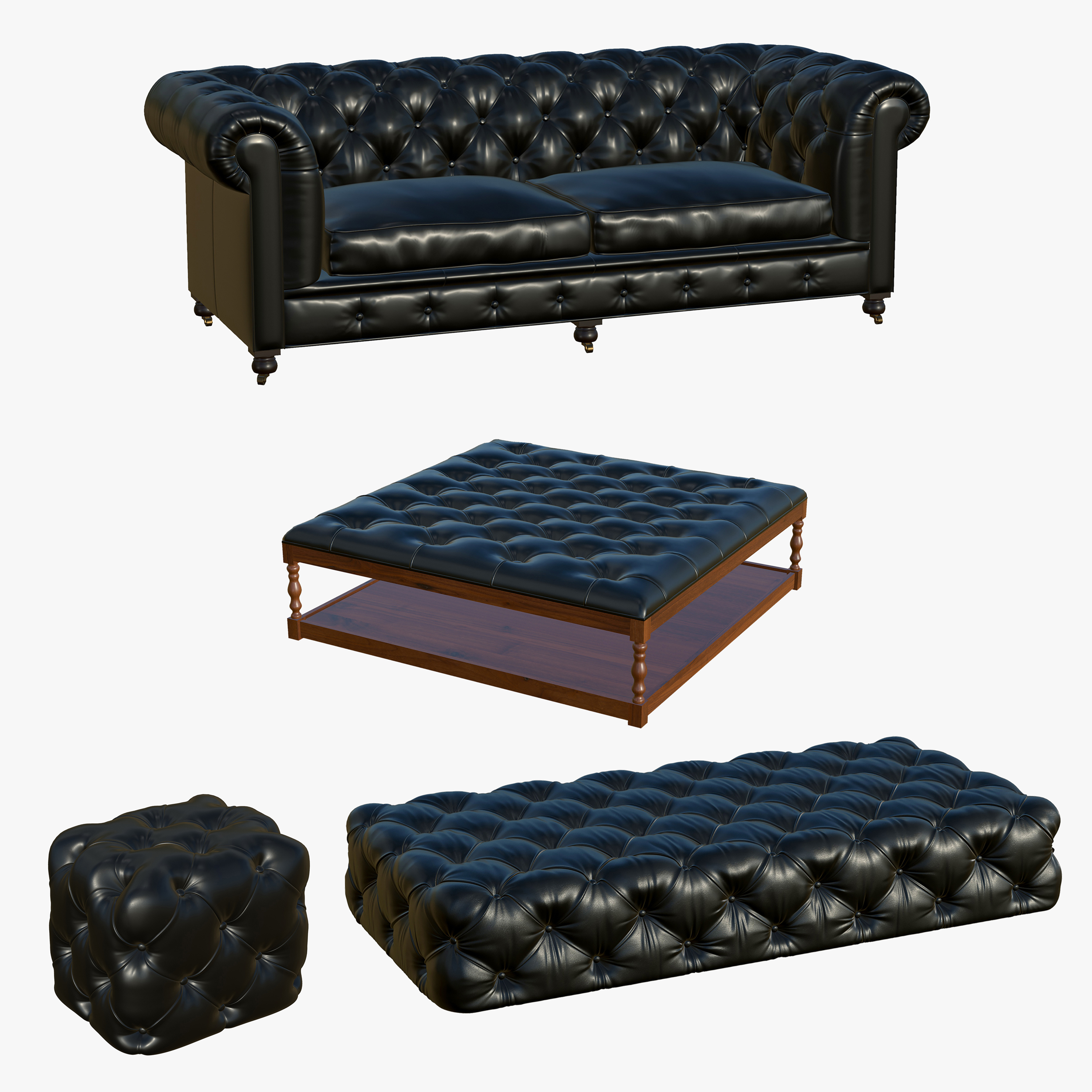 modelo 3d Sofá Chesterfield Mesa de cuero realista Otomano Negro ...