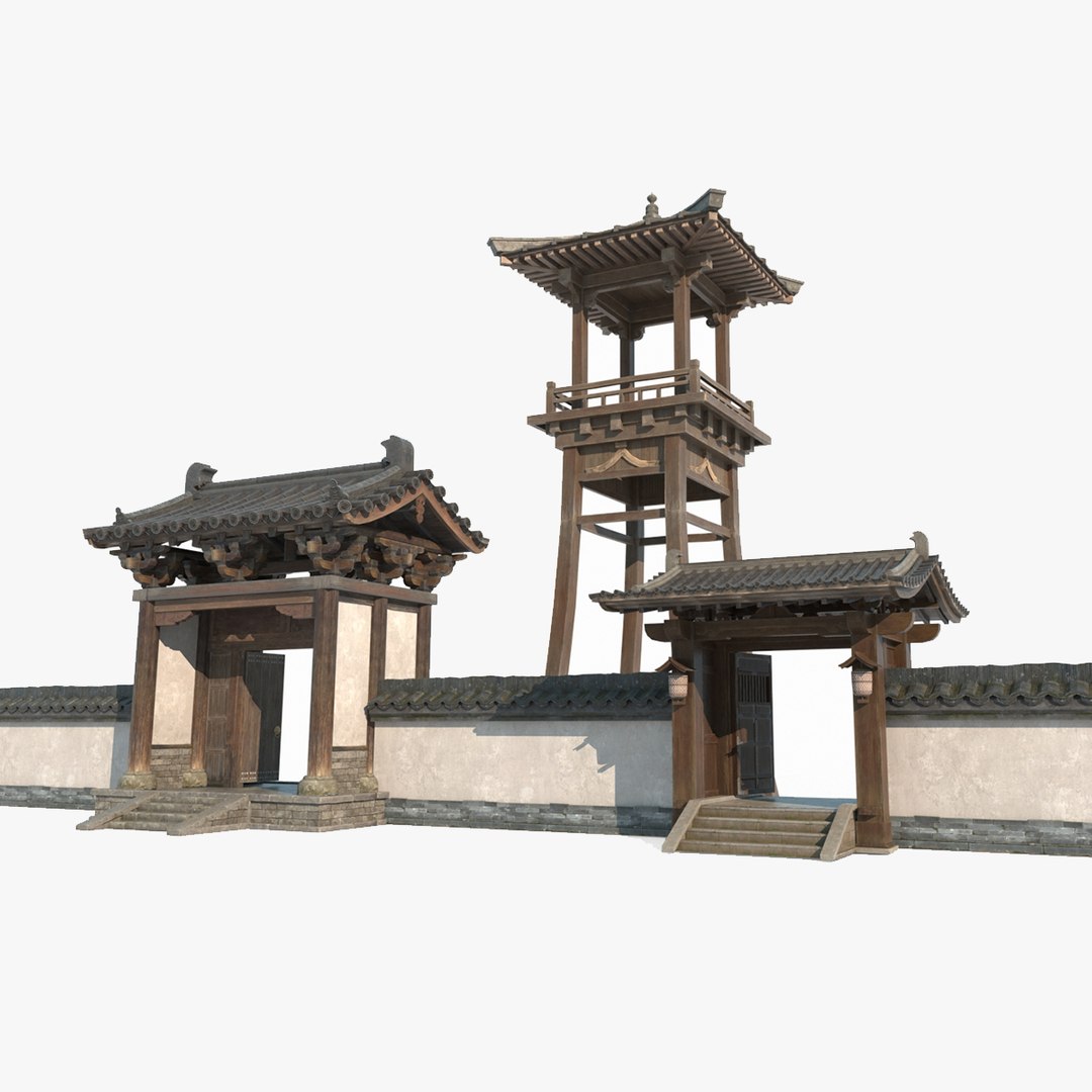 3D Model Ancient Asian Architectural Courtyard Gates Walls And ...