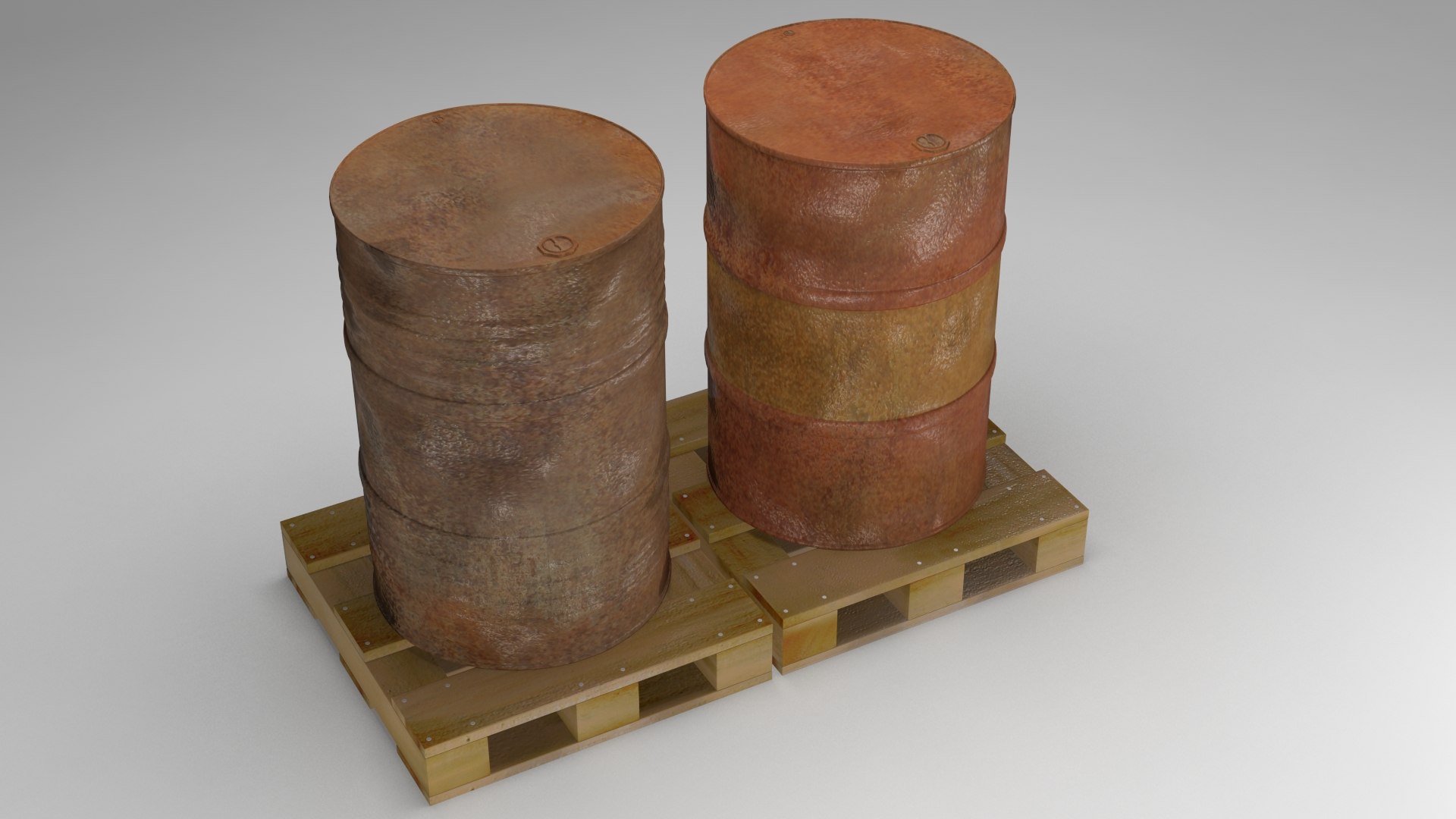 3D Rusty Barrels On Pallets - TurboSquid 2296661