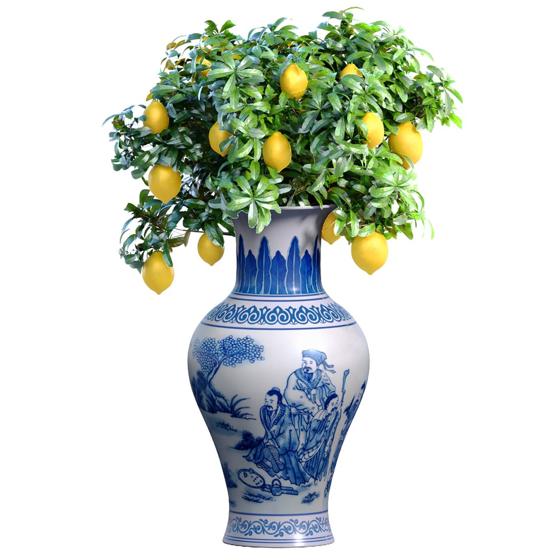 Lemon Tree In A Chinese Vase Pot Decorative Citrus Houseplant Model ...