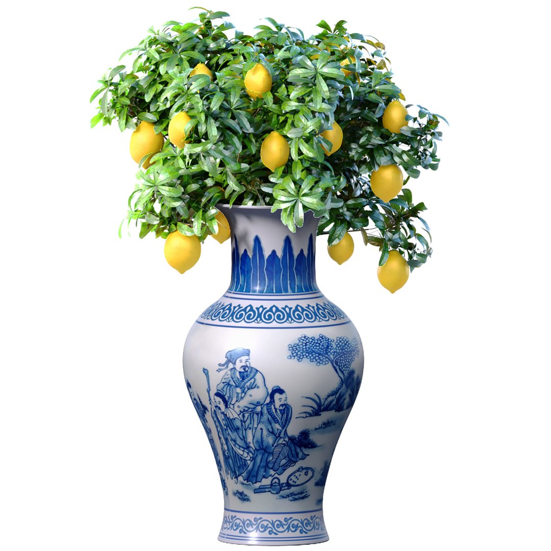 Lemon Tree In A Chinese Vase Pot Decorative Citrus Houseplant Model ...