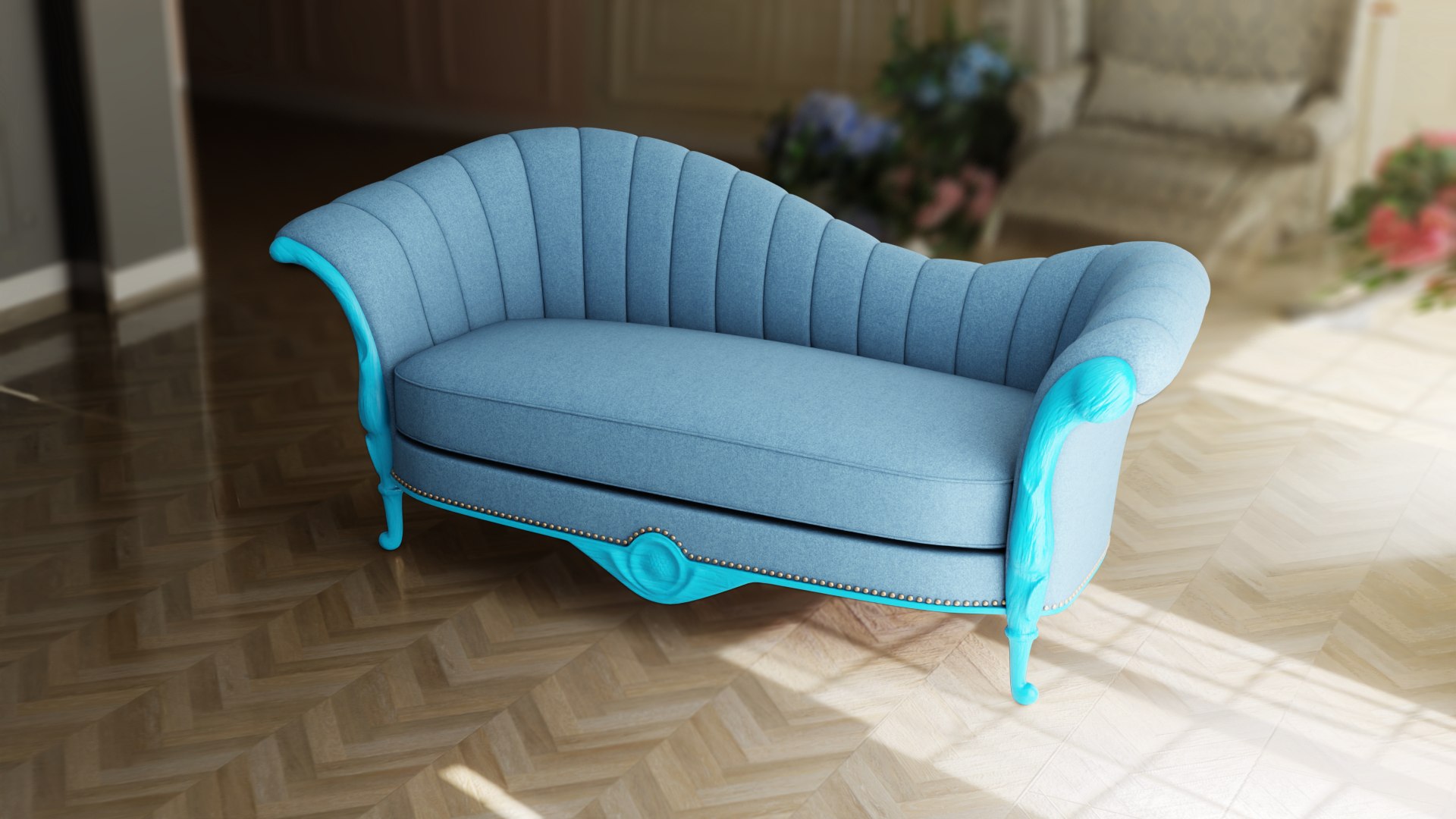 3D Furniture Sofa Chaise Lounge Dusty Blue Linen Sky Blue Painted Wood ...