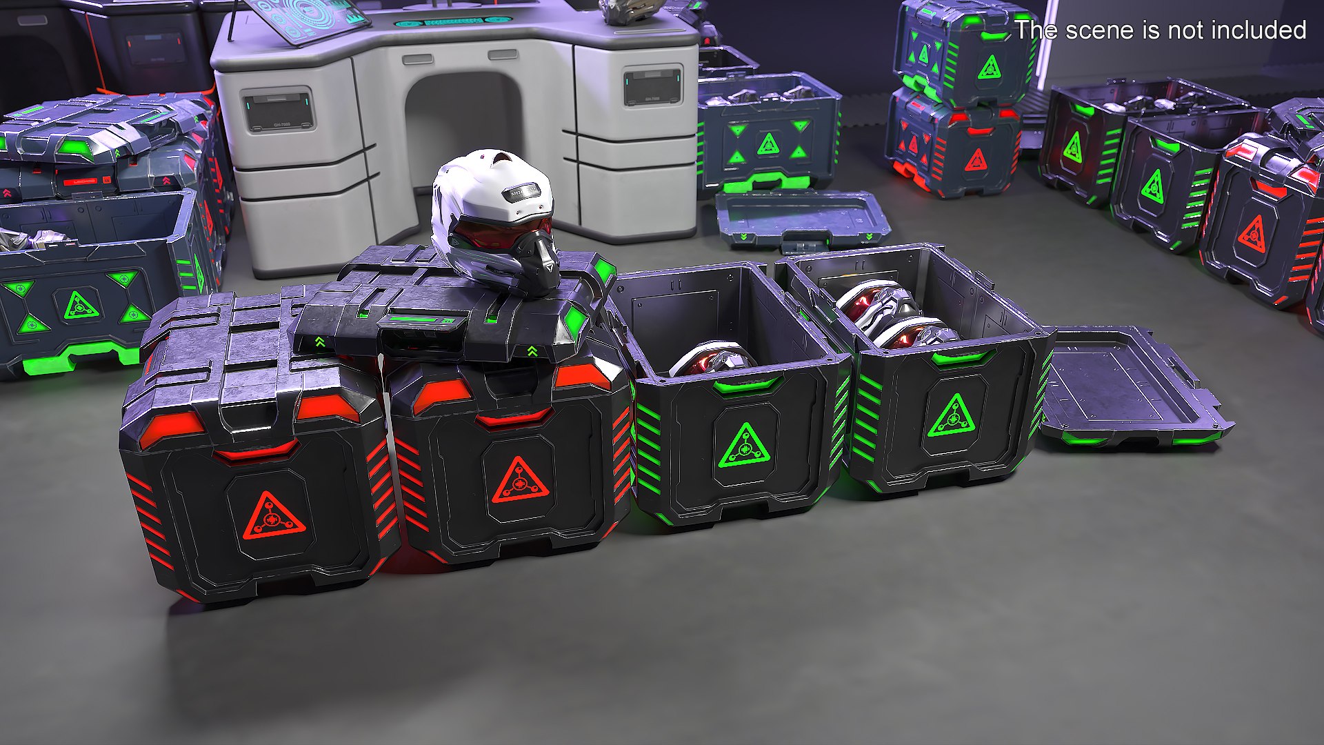 3D Futuristic Storage Crate With Sci-Fi Helmets - TurboSquid 2347146