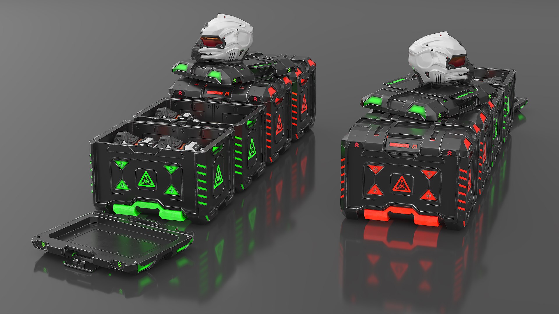 3D Futuristic Storage Crate With Sci-Fi Helmets - TurboSquid 2347146