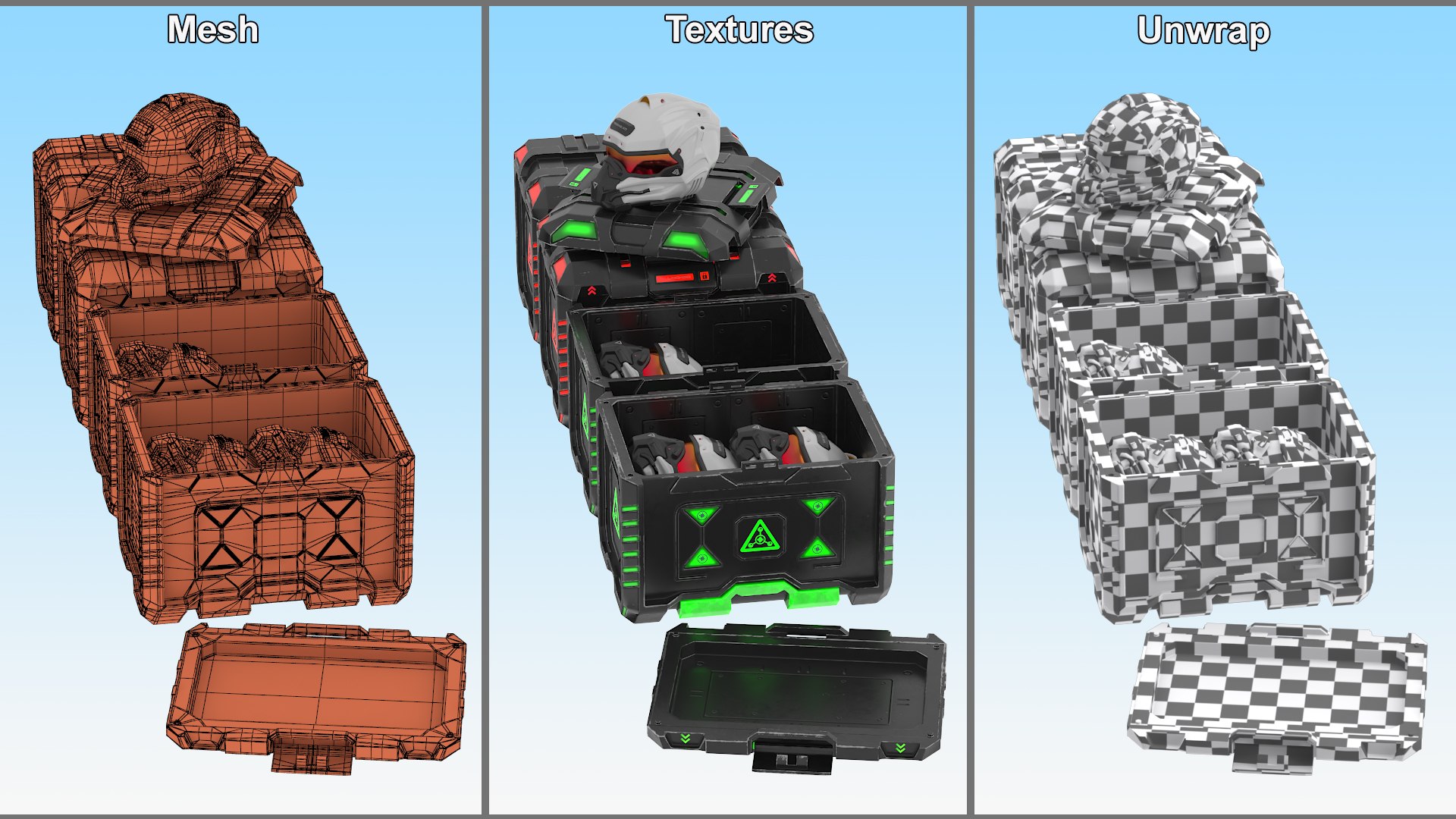 3D Futuristic Storage Crate With Sci-Fi Helmets - TurboSquid 2347146