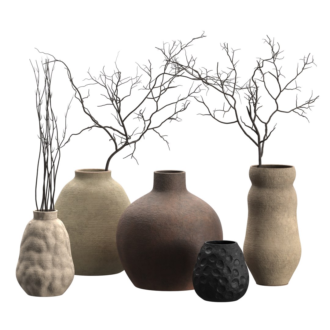 3D Artisan Rustic Vases With Branches - TurboSquid 2124111