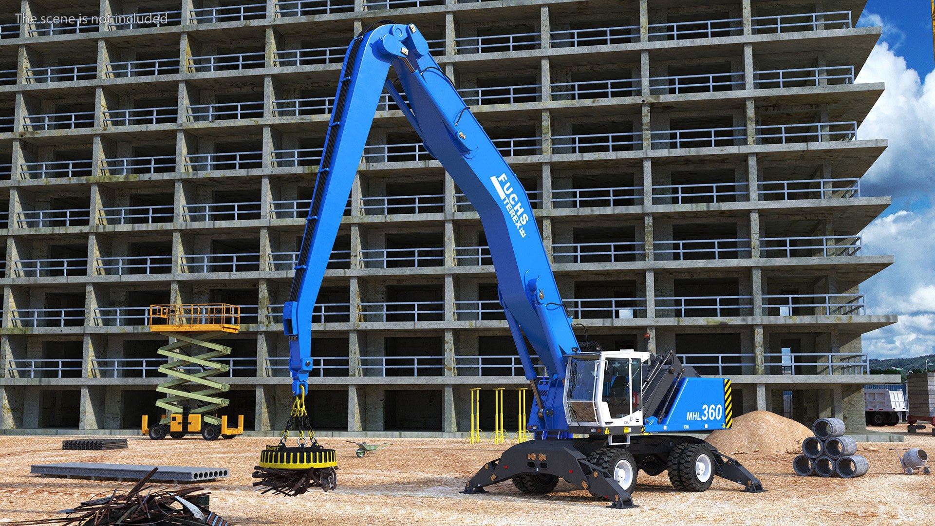 3D Terex Fuchs MHL360 Material Handler with Magnet Crane Rigged model ...