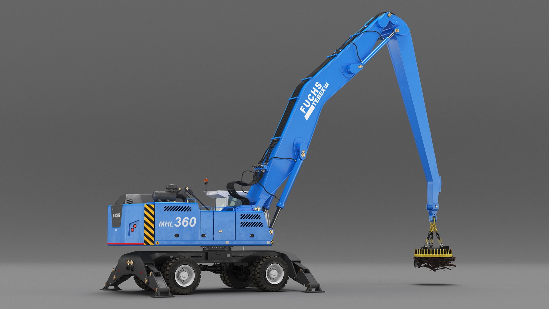 3D Terex Fuchs MHL360 Material Handler with Magnet Crane Rigged model ...