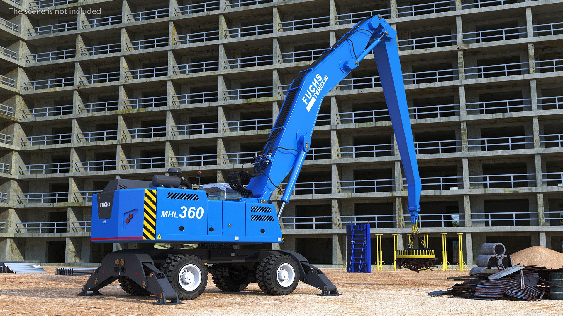 3D Terex Fuchs MHL360 Material Handler with Magnet Crane Rigged model ...