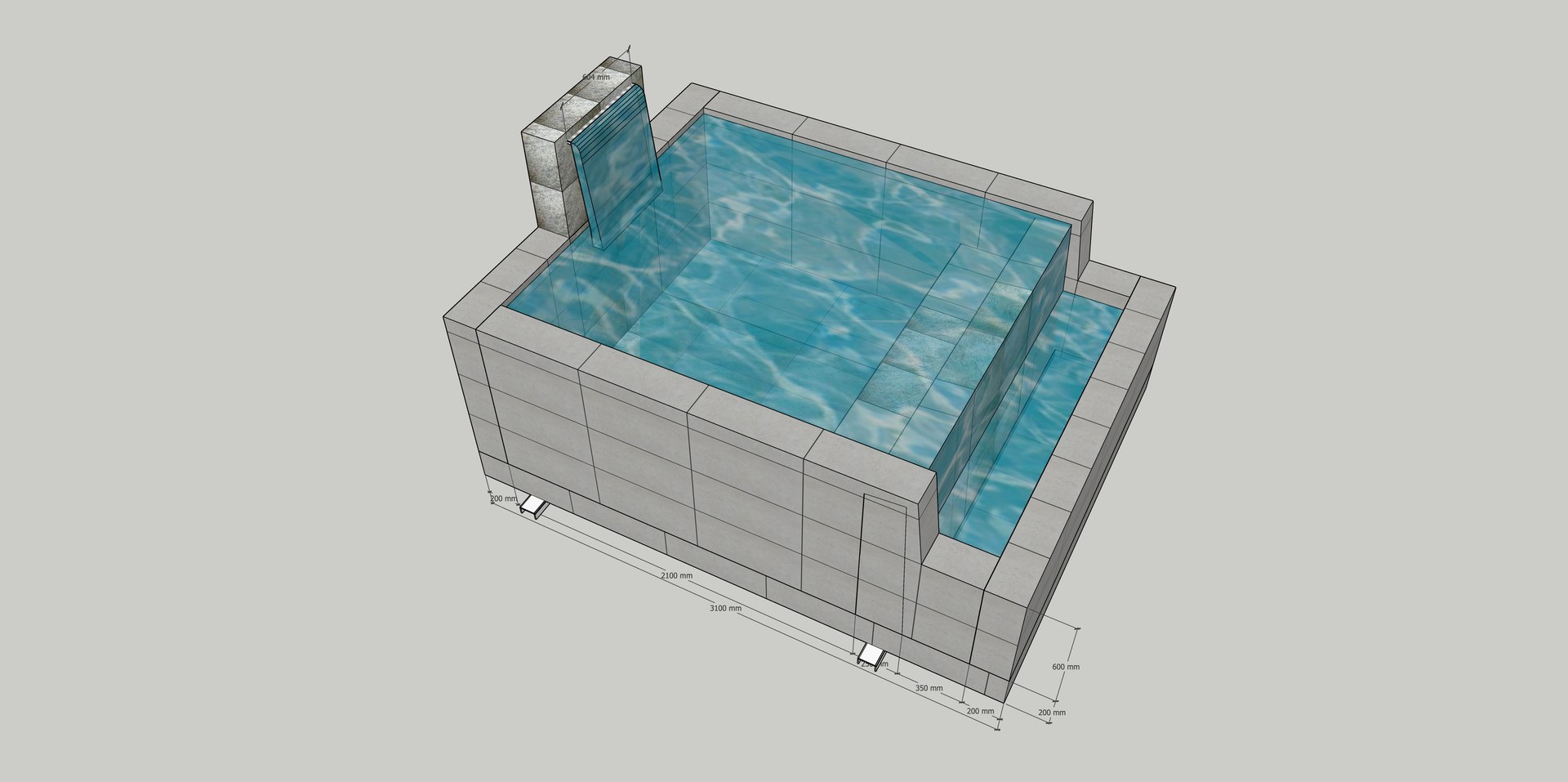 Concrete Demo Pool With Overflow And Stainless Steel Fountain 3D Model ...