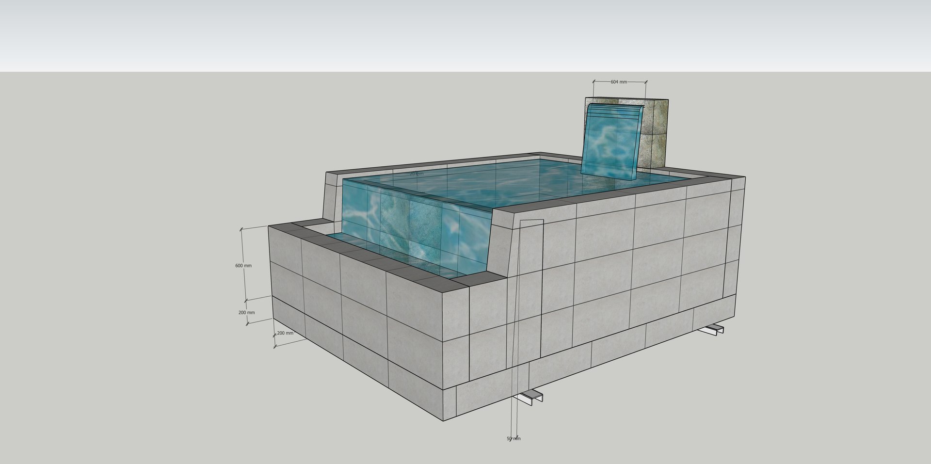 Concrete Demo Pool With Overflow And Stainless Steel Fountain 3D Model ...