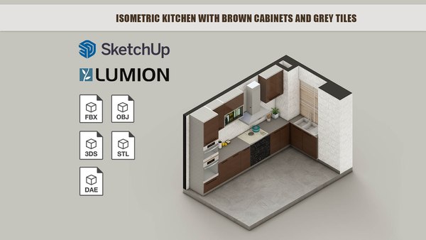 modelo 3d Isometric kitchen with brown cabinets and grey tiles ...