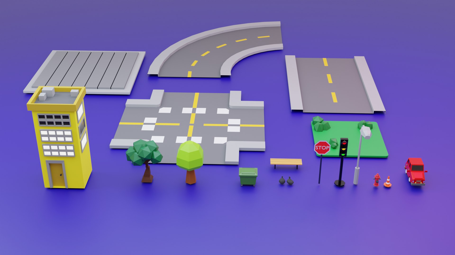 Free 3D Low Poly Free City Pack - Modular Roads Buildings Props Vehicle ...