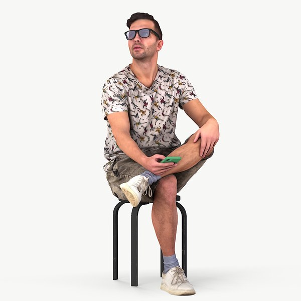 modelo 3d Sitting Observer Young Man in Casual T-shirt and Shorts ...