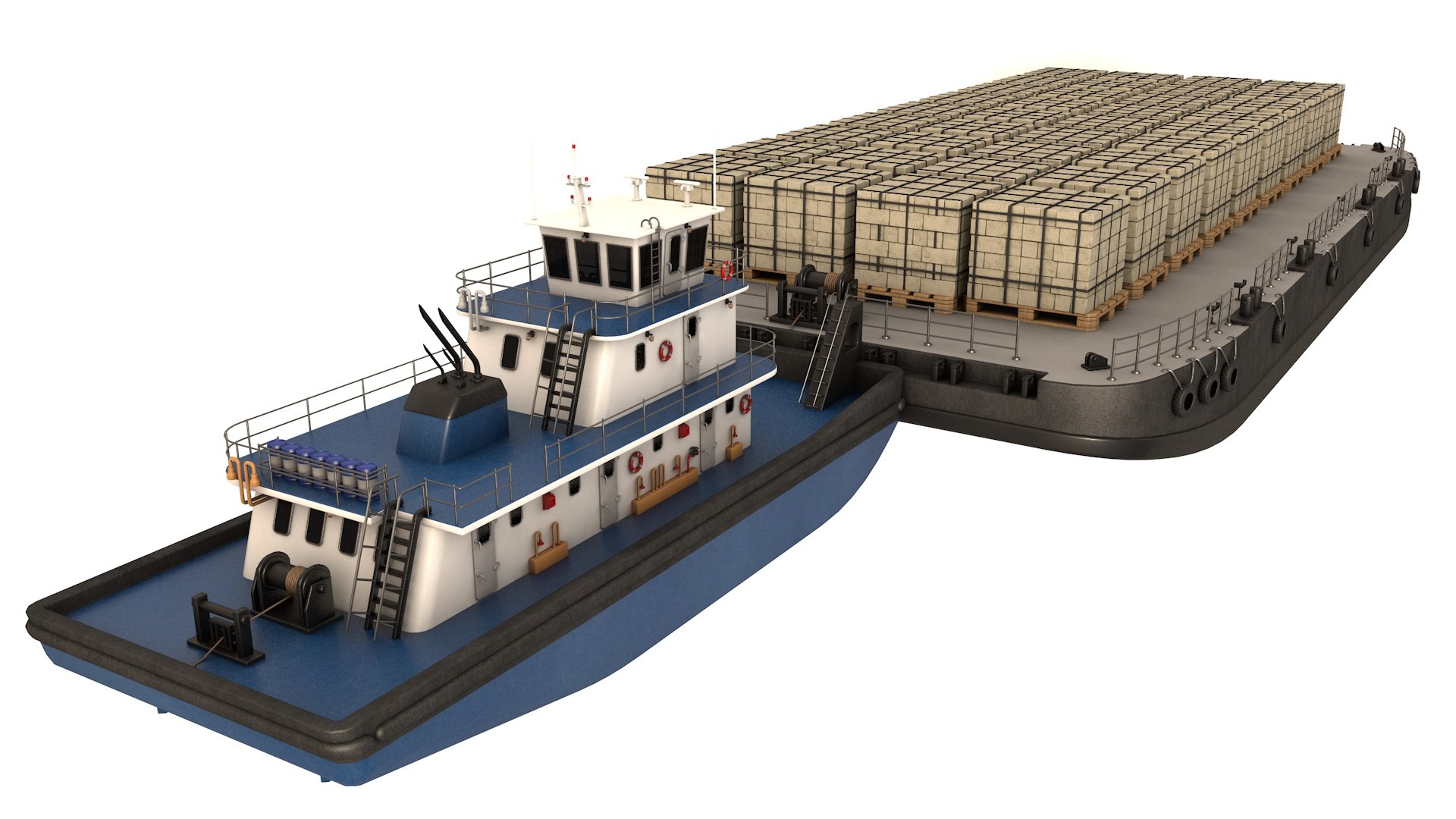 3D model Push Boat Ship with Pontoon Barge Loaded Concrete Slab ...