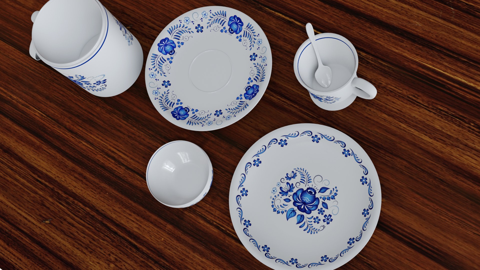 3D Set Of Porcelain Dishes With Gzhel Blue Painting Model - TurboSquid ...
