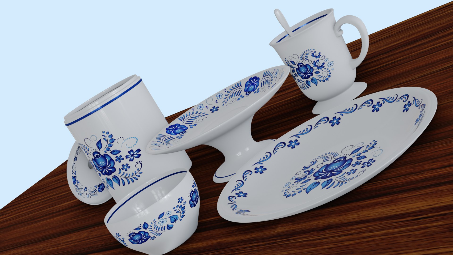 3D Set Of Porcelain Dishes With Gzhel Blue Painting Model - TurboSquid ...