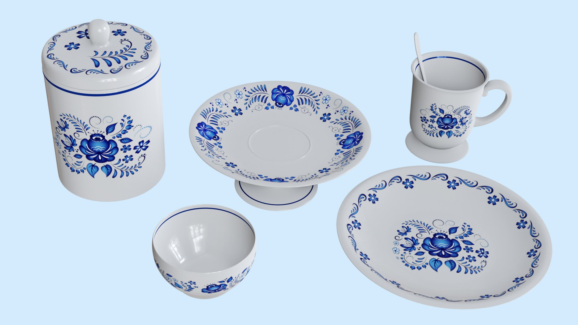 3D Set Of Porcelain Dishes With Gzhel Blue Painting Model - TurboSquid ...