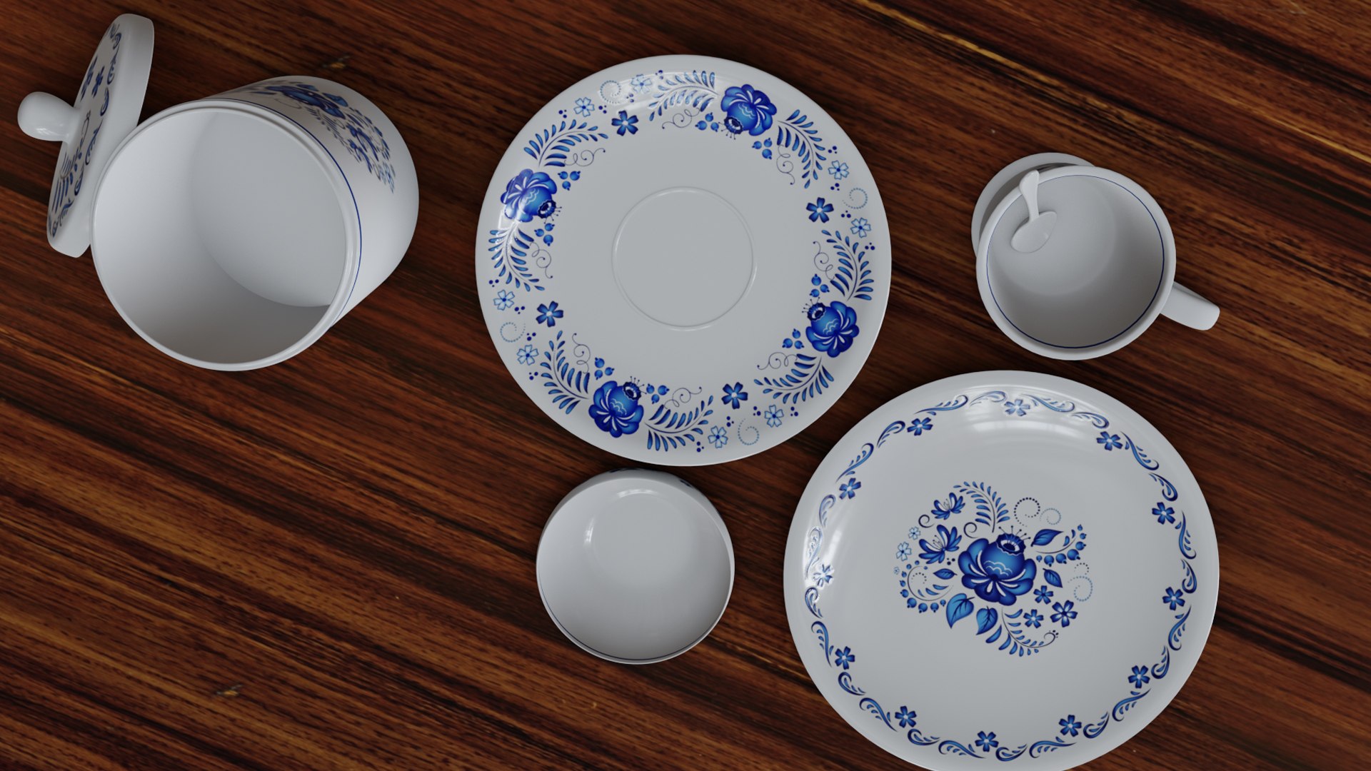 3D Set Of Porcelain Dishes With Gzhel Blue Painting Model - TurboSquid ...