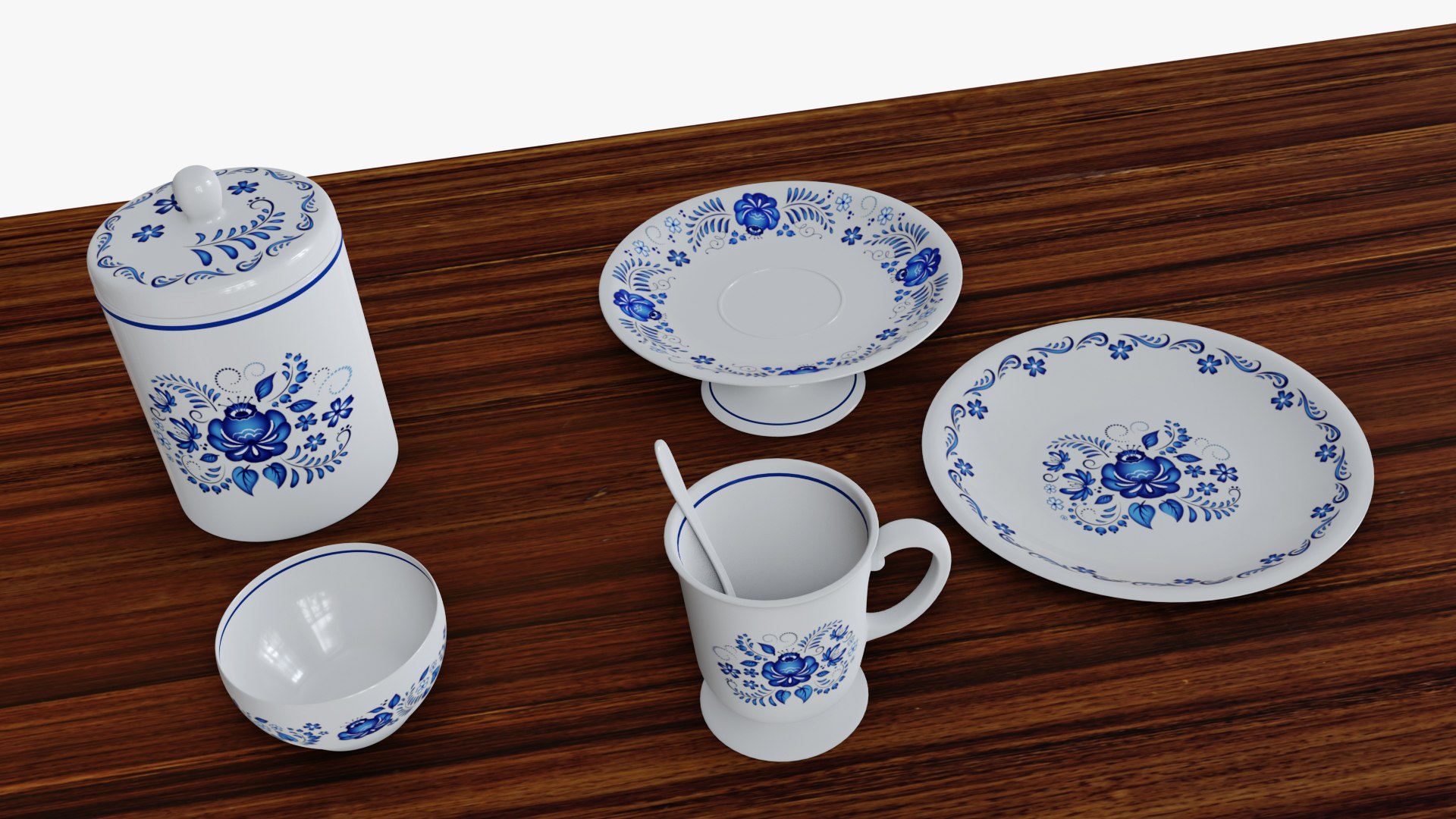 3D Set Of Porcelain Dishes With Gzhel Blue Painting Model - TurboSquid ...