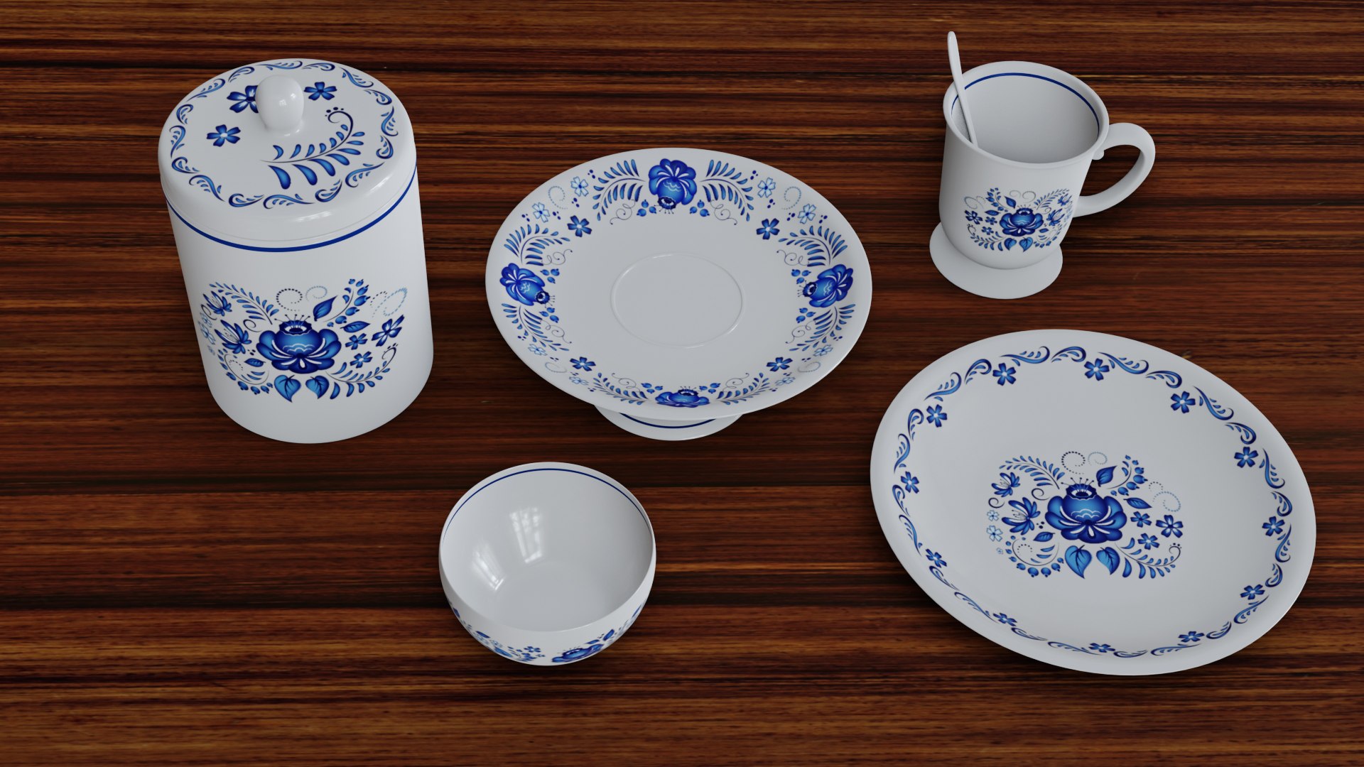 3D Set Of Porcelain Dishes With Gzhel Blue Painting Model - TurboSquid ...