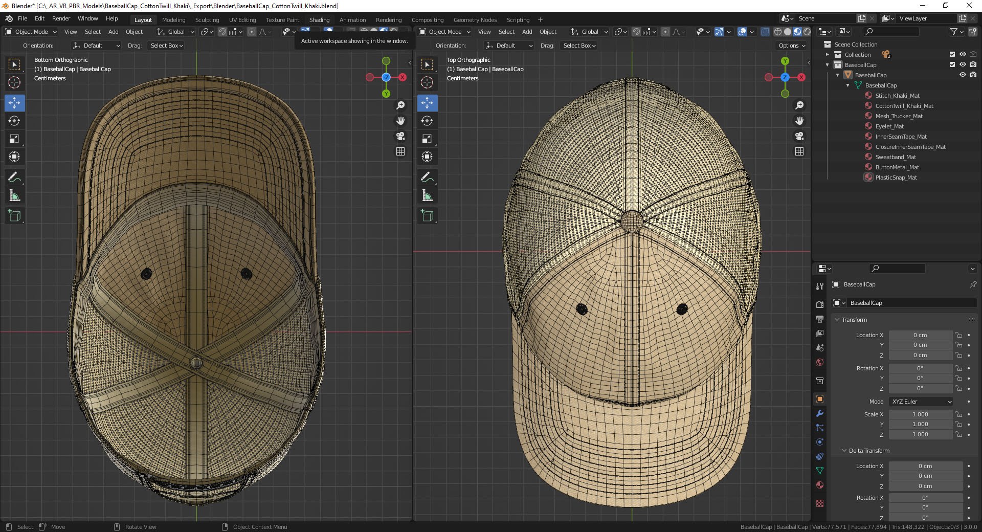 3D model Baseball Cap Khaki Multi-Material with Tiling Textures ...