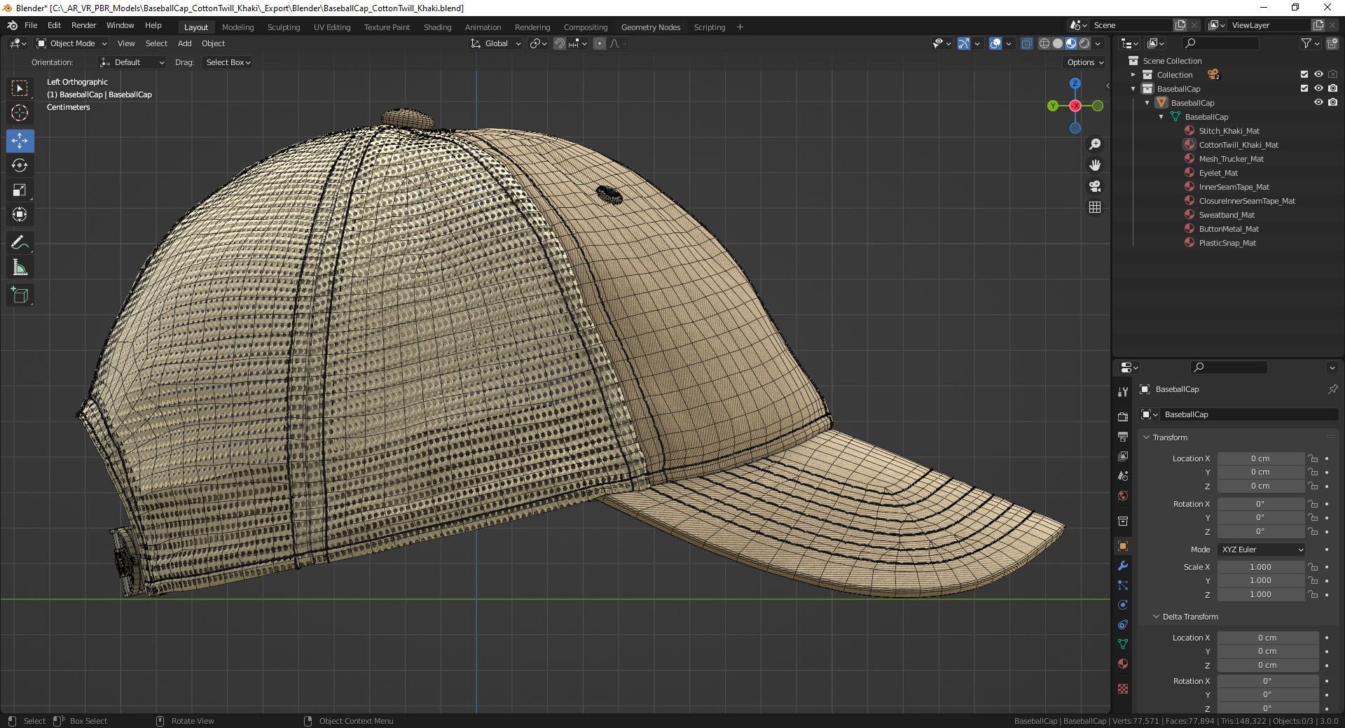 3D model Baseball Cap Khaki Multi-Material with Tiling Textures ...