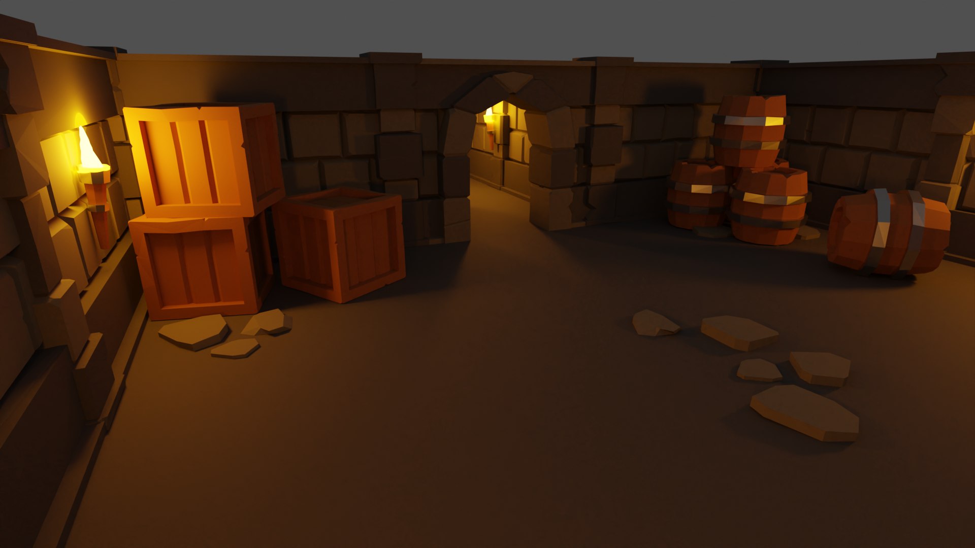 3D Low Poly Dungeon Barrels Boxes and Torches Low-poly 3D model ...