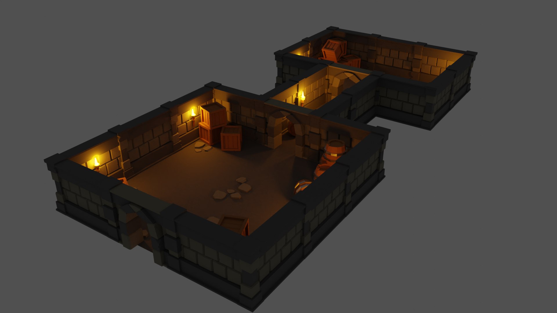 3D Low Poly Dungeon Barrels Boxes and Torches Low-poly 3D model ...