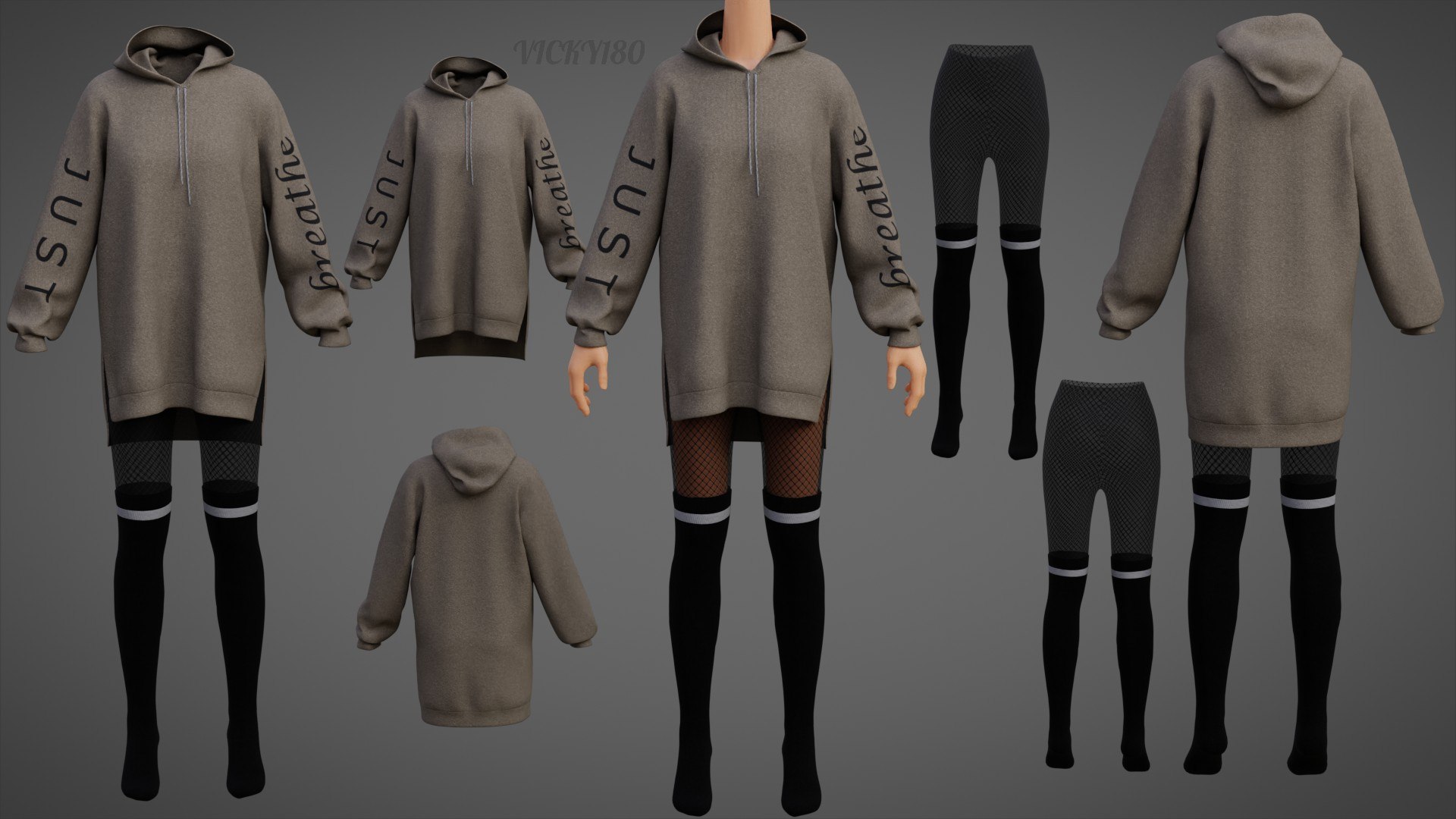 3D Grunge Style Oversized Hoodie Fishnet Leggings Thigh High Socks Goth ...